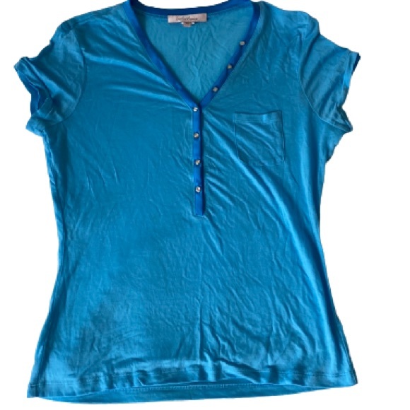 Tops | Vintage Blue V Neck Colorblock Top With Jeweled Buttons | Poshmark